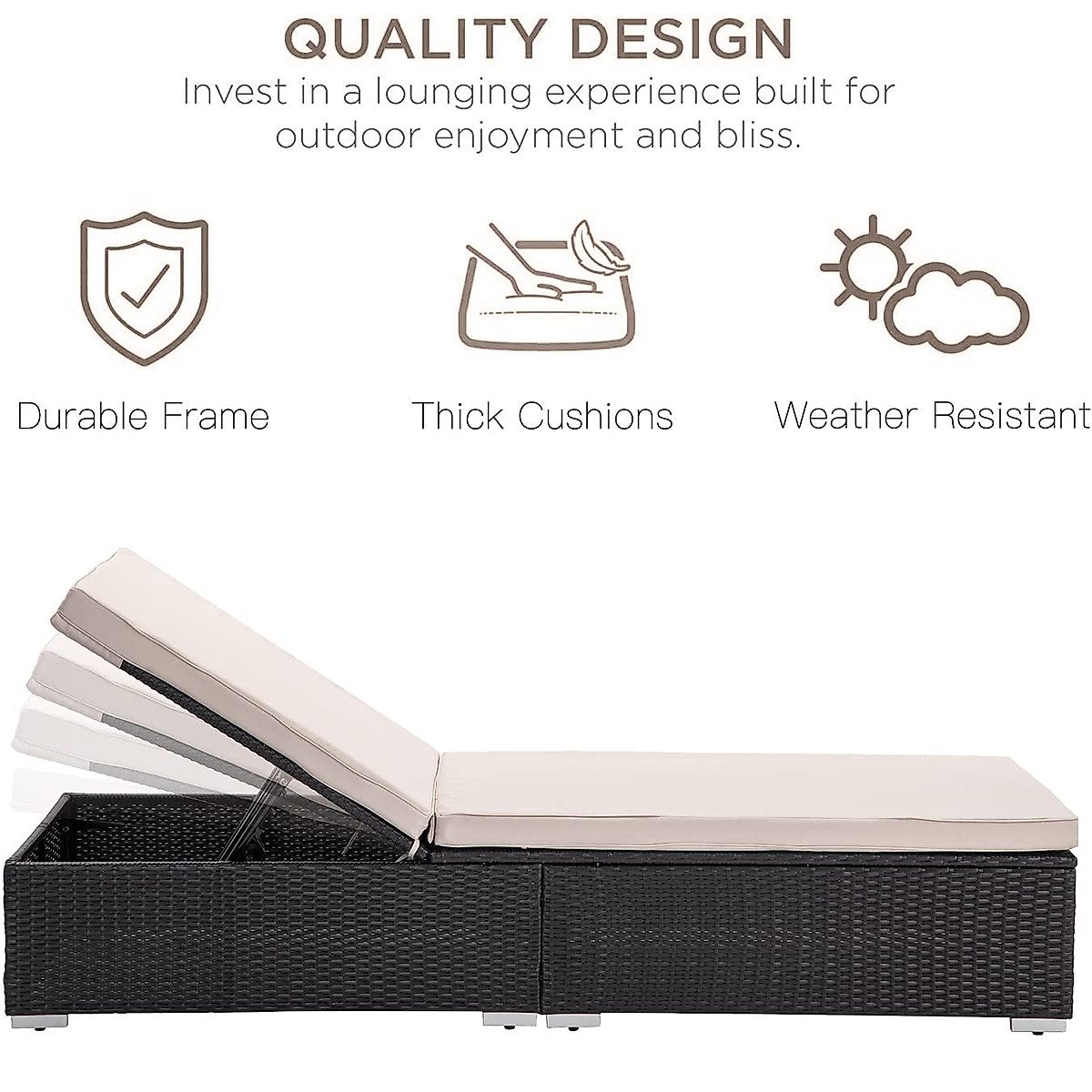 Koruiten 3 Pcs Outdoor Lounge Chair, All-weather PE Rattan Patio Chaise Lounge Chair Set of 2, Wicker Poolside Lounge Chair with Coffee Table (Espresso-Beige)