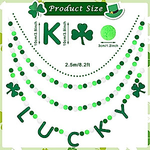 Whaline 3Pcs St. Patrick's Day Felt Pom Pom Banner Lucky Shamrock Clover Felt Garland Green White Pom Ball Banner Decorative Hanging Bunting Garland for Home Wall Decor Irish Party Supplies, 8.2Ft
