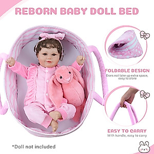 BABESIDE Reborn Baby Dolls Bassinet Foldable Baby Doll Crib Bed Soft Doll Carrier Doll Accessories with Handle for 17-22 inch Baby Dolls Girls (Pink)