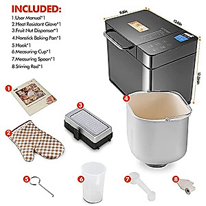 KBS Bread Maker-710W Dual Heaters, 17-in-1 Bread Machine Stainless Steel with Auto Nut Dispenser&Ceramic Pan, Gluten-Free, Dough Maker,Jam,Yogurt PROG, Touch Panel, 3 Loaf Sizes 3 Crust Colors,Recipes