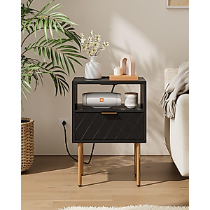 Aobafuir Nightstand with Charging Station, Drawer Dresser for Bedroom, Small Side Table with Drawer, Night Stand, End Table with Gold Frame for Bedroom, Living Room, Diamond Black