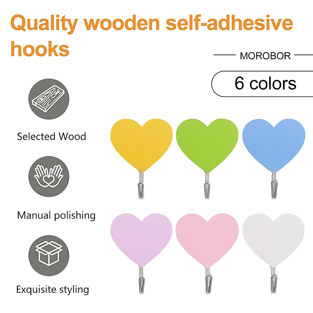 MOROBOR Wood Heart-Shaped Self-Adhesive Hooks, 6pcs Strong Self-Adhesive Wall Hooks for Bathroom Kitchen Office/Mixed Color