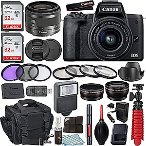 Camera Bundle for Canon EOS M50 Mark II Mirrorless Camera Black with EF-M 15-45mm F/3.5-6.3 is STM Lens + Accessories Pack (64GB, Gadget Case, Flash, and More) (Renewed)