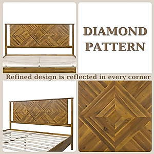 Bme Ethan Solid Wood King Bed Frame with Diamond Headboard - Rustic & Mid-century Modern - Acacia Wood Platform Bed - Compatible with All Mattresses - No Box Spring Needed - Rustic Dark Brown