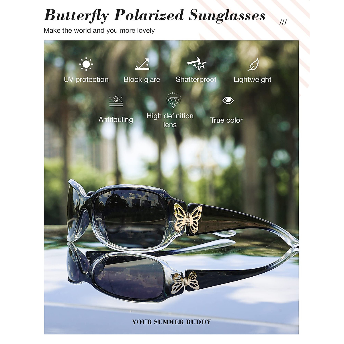 LVIOE Polarized Sunglasses for Women, Fashion Butterfly Decoration Driving Fishing-99.99% UV Protection