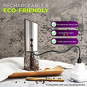 Rechargeable Electric Pepper Grinder, Automatic Gravity Salt Mill with Adjustable Coarseness, Brushed Stainless Steel, Ceramic Blades and Refillable Glass (Silver grinder - 1 unit)