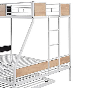 Twin Over Full Bunk Bed Frame with Trundle, Metal Bunkbed with Sturdy Guard Rail and Ladder for Girls/Boys/ Adults, No Box Spring Needed, Noise Free for Dorm, Bedroom, Guest Room (White)
