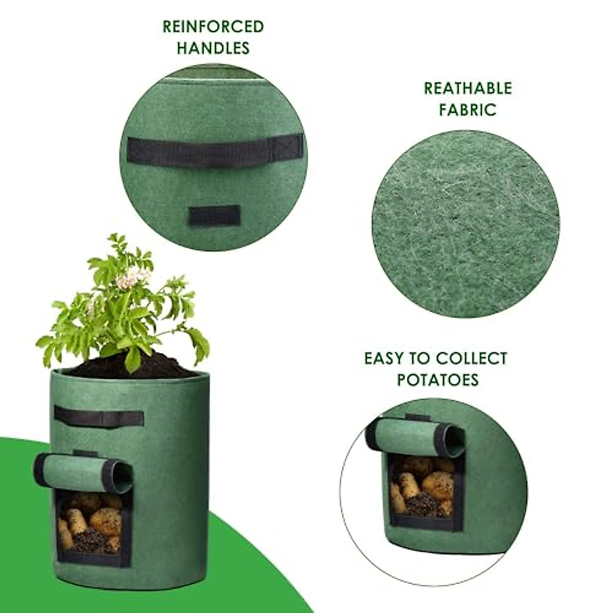 Delxo 5 Pack 7 Gallon Potato Growing Bags, Planter Garden Grow Bags with Flap, Double Layer Breathable Nonwoven Cloth for Planting/Vegetable/Tomato/Aeration Fabric Pots with Handles Green