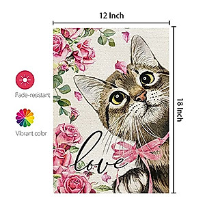 CROWNED BEAUTY Valentines Day Cat Garden Flag 12x18 Inch Double Sided for Outside, Pink Roses Love Yard CF687-12