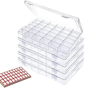 5Pack 36 Grids Clear Plastic Organizer Box with Adjustable Dividers Storage Container Jewelry Box for Beads Art Crafts Pieces Letter Board Fishing Tackles Rock Collection with 2000pcs Label Stickers