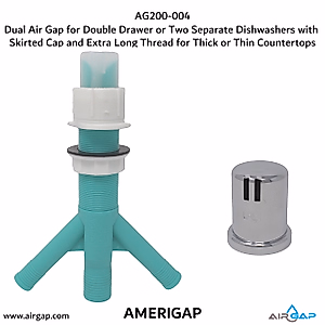 Dual Air Gap for Double Drawer or Two Separate Dishwashers with Skirted Cap and Extra Long Thread for Thick or Thin Countertops (AG200-004, AG200-001, T52, AMERIGAP)