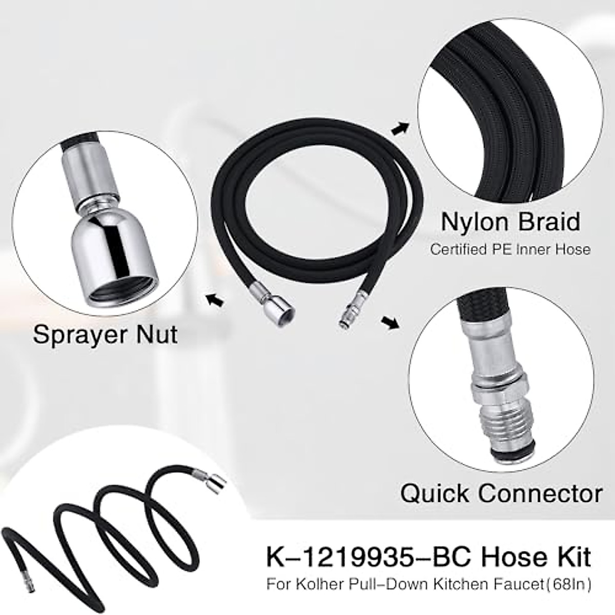 K-1219935-BC Hose Kit for Kohler Pull Down Kitchen Faucet, 68 Inches Pull-Out Kitchen Faucet Hose Replacemnet Part of K-1304674-BC, Spray Hose Replacement Hose Kit