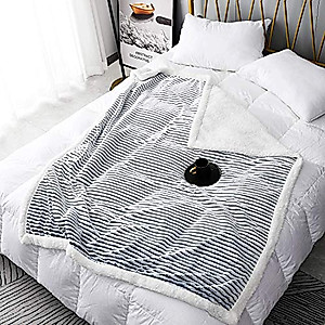 I' HERMU Sherpa Fleece Throw Blanket for Couch (Large 51‘’x 63‘’, Blue and White Strip) Soft Plush Blankets Fluffy Fuzzy Warm Cozy Throws for Sofa Bed