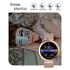 Smart Watch for Women IP68 Waterproof, Round Women's Watch for iOS Android Phones Fitness Tracker Smartwatch with Heart Rate Monitor Steps/Sleep Tracker Slim Gold (Sport & Metal Bands Included), LYNN