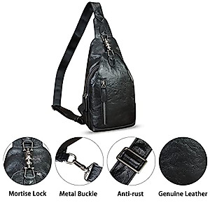 FEIGITOR Genuine Leather Sling Bag Retro Crossbody Sling Backpack Handmade Chest Shoulder Bag Daypack Purse Fanny Pack (Black)