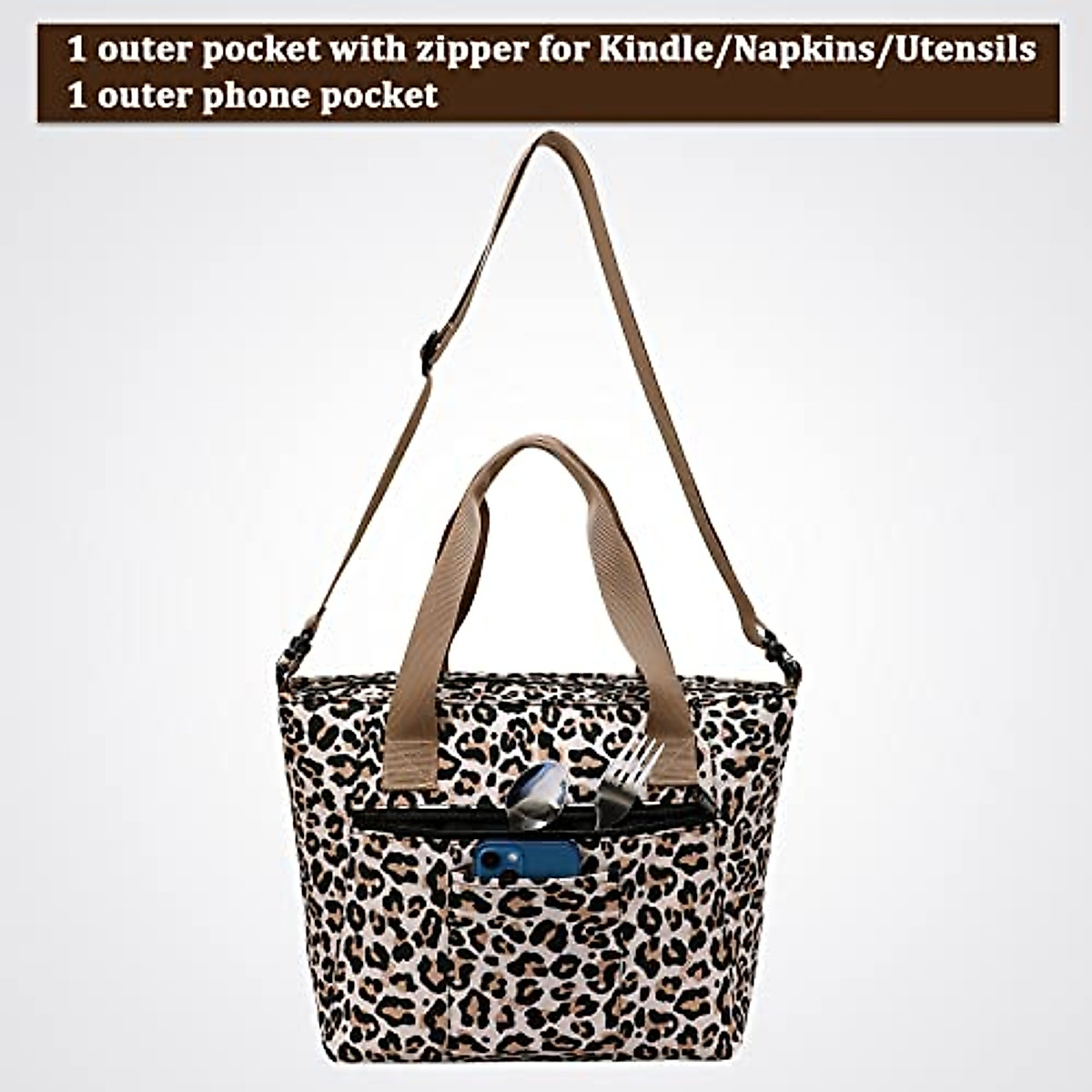 MIER Lunch Bags for Women Large Insulated Lunch Tote Bag Lunchbox Container for Work College Travel Beach, Adjustable Shoulder Strap, Leopard