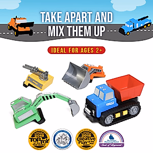 POPULAR PLAYTHINGS Magnetic Build-a-Truck Construction Set of 4 Construction Vehicles with Real Construction Site Sounds
