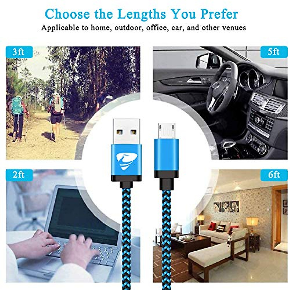 Aioneus Micro USB Cable Fast Android Cord Charger Cable 4Pack [2FT, 3FT, 5FT, 6FT] Cable Charging Cord for Samsung Galaxy S7 Edge S6 S5 J3 J3V J5 J7 J7V Note 5, LG K40 K22 K20, Tablet, PS4, Kindle