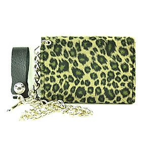 Fuzzy Leopard Tri-fold Bikers Wallet with 16" Chain Green