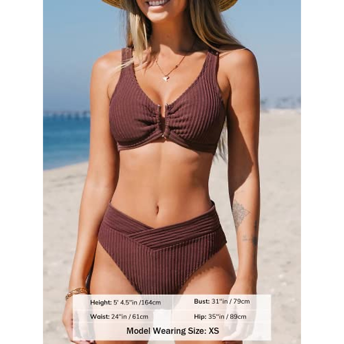 CUPSHE Bikini Set for Women Two Piece Swimsuits High Waisted Ribbed V-Wire Bralette Wide Straps Back Hook Cheeky Bottom Red Brown, S