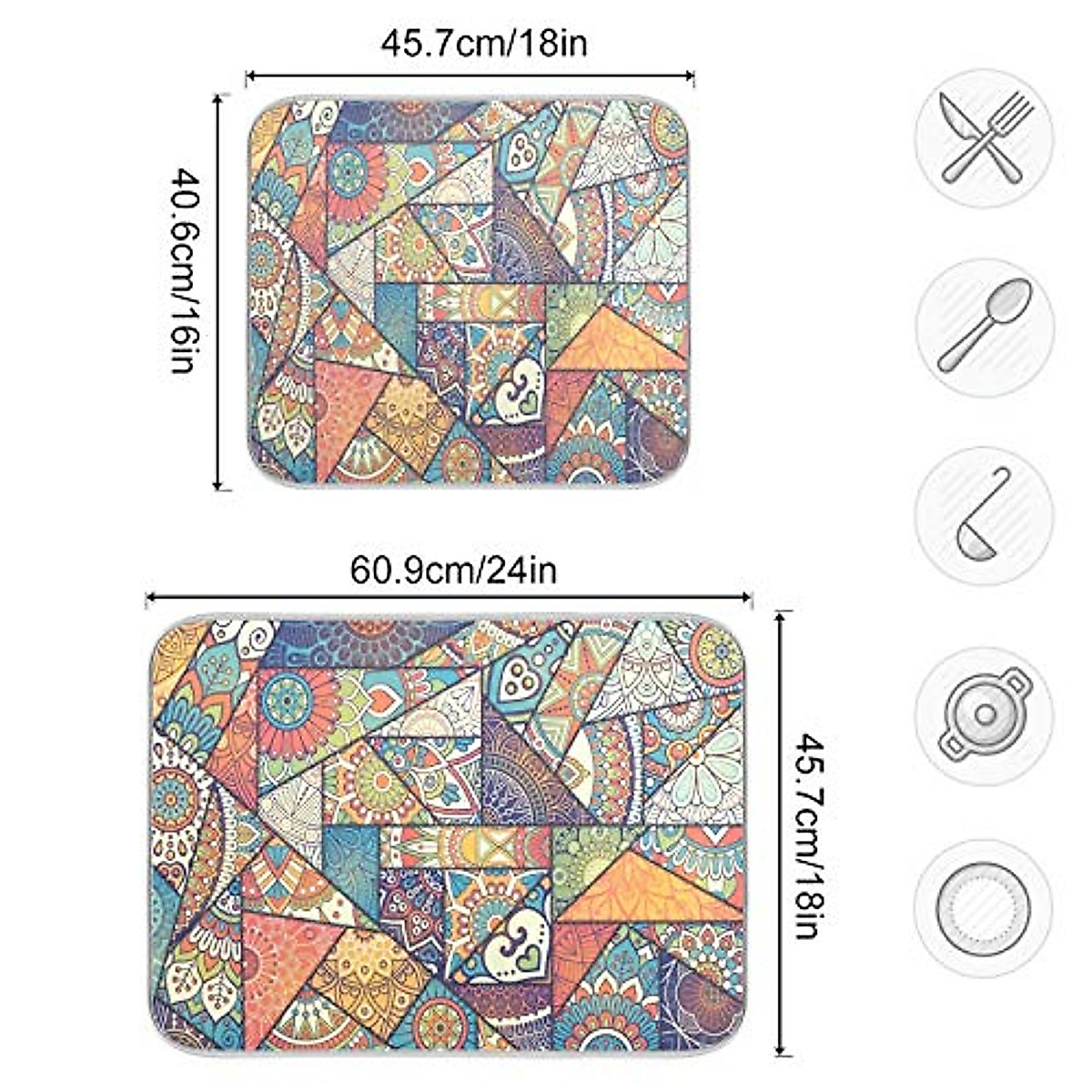 Ethnic Print Geometric Dish Drying Mat 16"x18" Absorbent Machine Washable Hanging Fast Dry Pad Dish Protective Mat for Kitchen Countertop Heat Resistant Dinner Table Mat