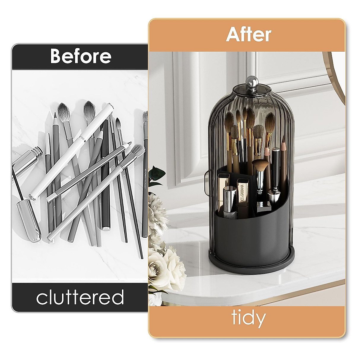 YOOLENS Makeup Brush Holder with Lid 360 Rotating Clear Dustproof Make Up Organizers for Vanity Bathroom Countertop, Black