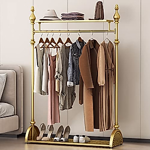 Clothing Rack Gold, Industrial Clothes Rack for hanging Clothes with Double Shelves Freestanding Multi-functional Heavy Duty Garment Rack, Metal Movable Portable Coat Rack for Organizing Clothes Shoes