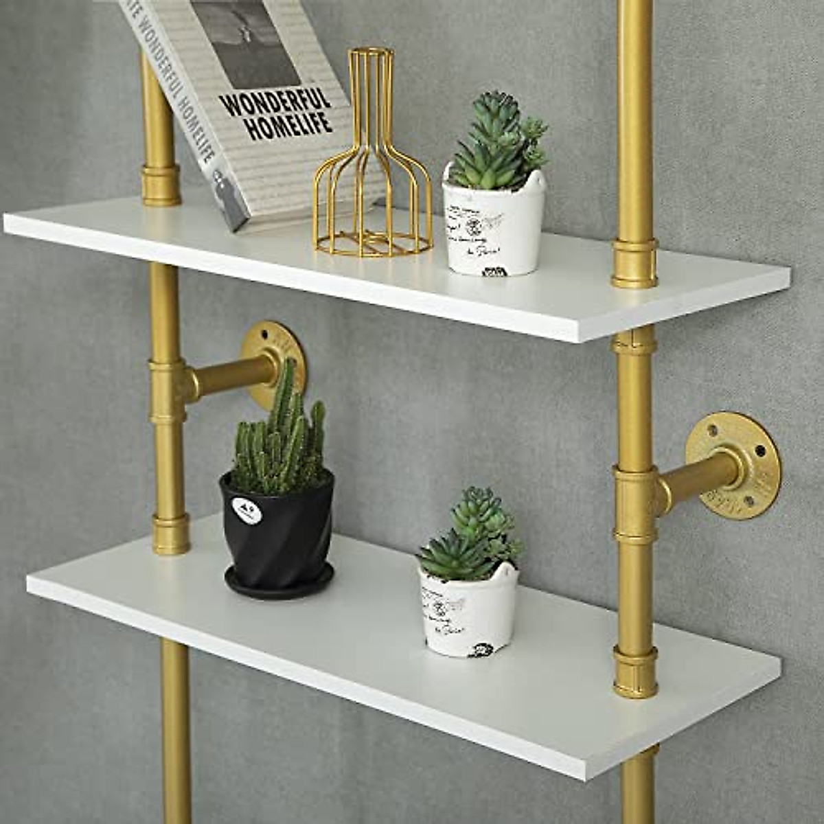 ZIOTHUM 6 Tier Gold Bookshelf, White and Gold Shelves, Modern Shelves Shelf Bookcase Metal Mid Century Open Industrial Wall Mount Accents Decor Retail Shelving Vertical for Living Room