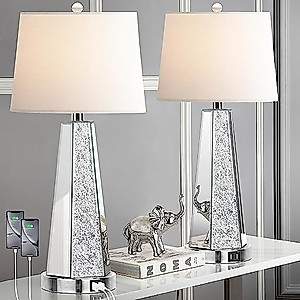 Hamucd Set of 2 Mirrored Glass Bedside Table Lamps for Bedrooms with 2 USB Ports Chrome Modern Silver Living Room Lamps for End Tables Glam Comtempory Style Side Nightstand Lamps for Art Deco