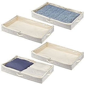 mDesign Soft Fabric Under Bed Storage Organizer Holder Bag for Clothing, Accessories, Linen - Easy-View Top Panel, Attached 2-Way Zippered Lid, Side Handles - 4 Pack - Natural/Cobalt Blue
