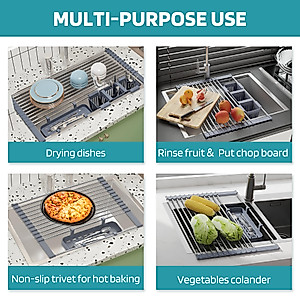 Expandable Roll Up Dish Drying Rack Up to 22.8''with 2 Storage Baskets,Over The Sink Kitchen Rolling up Dish Drainer Dish Drying Rack in Sink, Foldable,Rollable,for Kitchen Dishes,Cups,Fruits,Forks