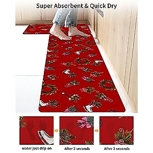 Christmas Bath Mat for Tub,Non Slip Bathroom Floor Runner Rug Quick Dry & Absorbent Diatomaceous Earth Shower Sink Bedroom Kitchen Washable Doormat,Red Candy Cane Pine Tree Berry Wreath 18x30+18x48