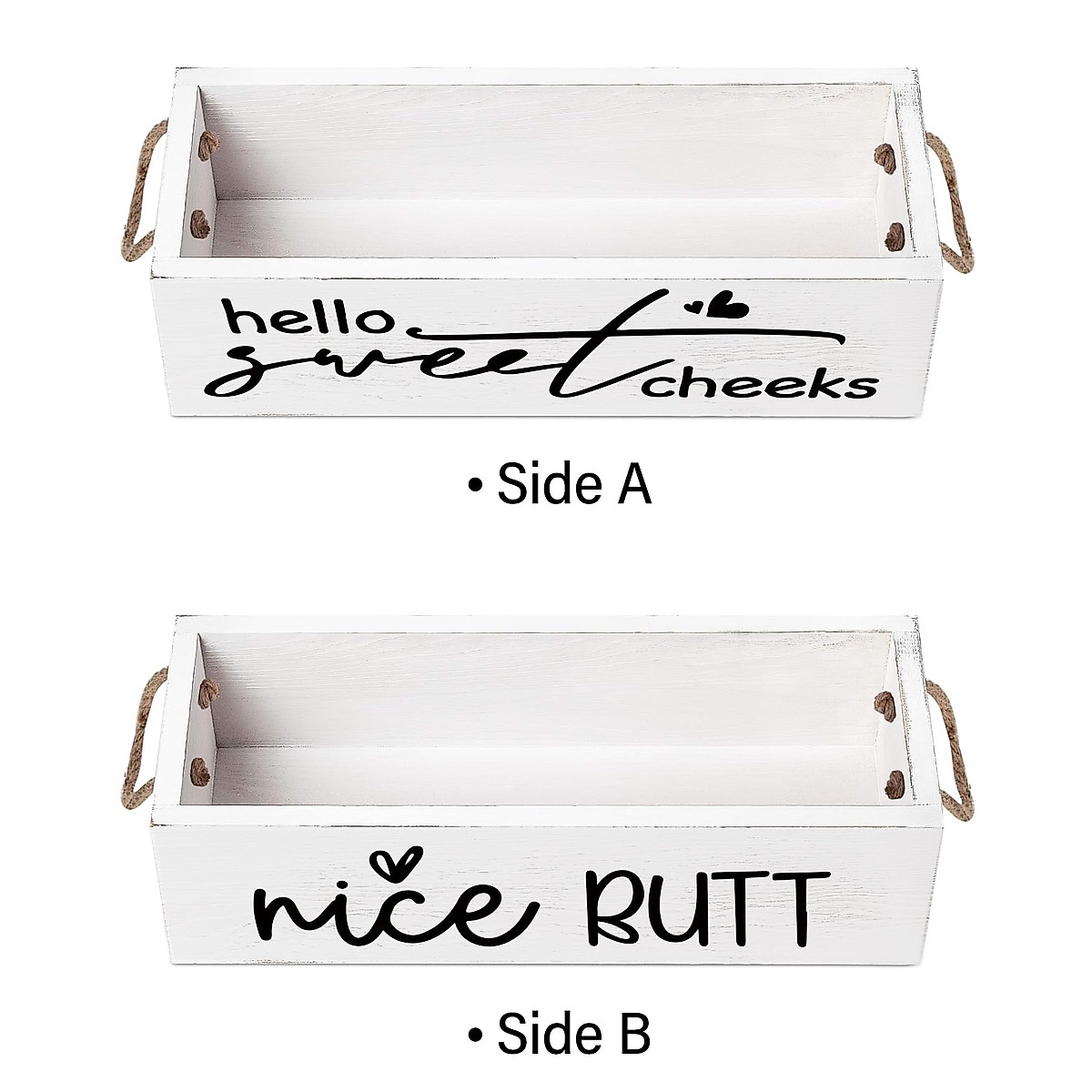 Msyueos Hello Sweet Cheek Decor Box with Rope - Rustic Wooden Storage Box with Funny Design on 2 Sides Perfect for Bathroom Decor, Toilet Paper Holder, Toilet Tank Basket, Toilet Organizer (White)