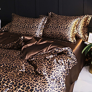 ErZhuiZi Luxury Satin Silky Duvet Cover Set with Fitted Sheet 4pcs Silk Bedding Set with 2 Pillowcases Leopard Print Comforter Cover,LeopardPrint-Queen