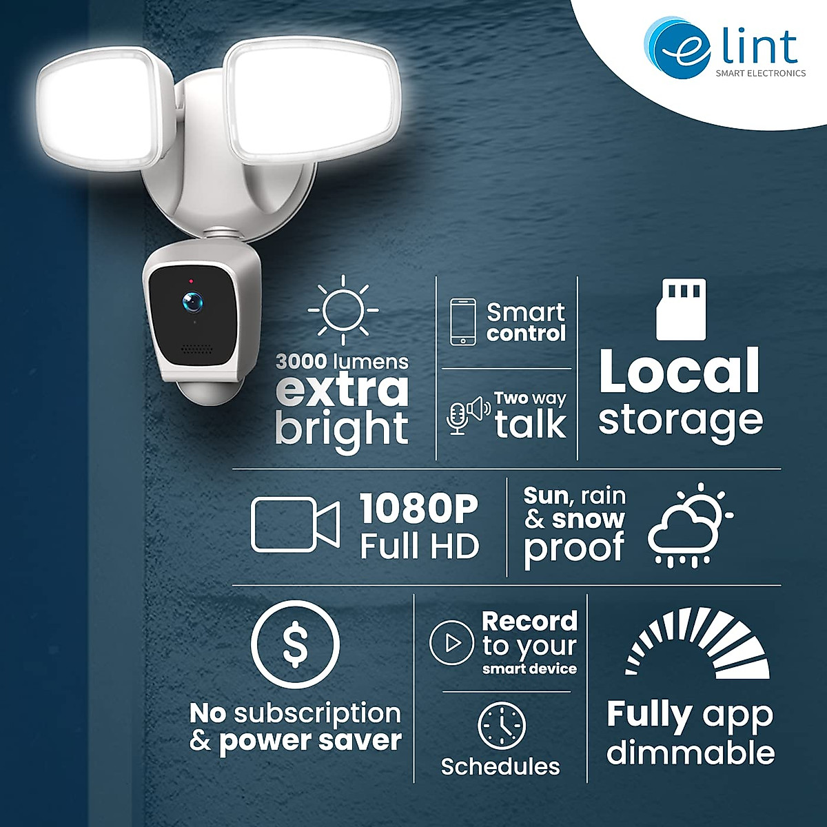 Floodlight Camera by elint, 1080p, No Subscription, Flood Light Camera Outdoor with Free 64GB Card, 3000 lm Brightness, Weatherproof Floodlight Camera