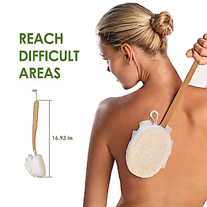 Shower Body Scrubber with Curved Long Handle, Dual-Sided Brush with Soft Mesh and Natural Loofah for Skin Exfoliating, Back Body Exfoliator for Bath