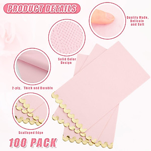 Sumind 100 Pcs Baby Pink Cocktail Napkins with Gold Foil Scalloped Edges 2 Ply Paper Dinner Napkins Disposable Party Napkins for Guest Wedding Reception Baby Shower Birthday Supplies, 13 x 16 Inch