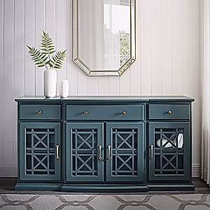 Walker Edison Modern Wood Glass Door Buffet Sideboard Living Room-Entryway Serving Storage Cabinet Doors-Dining Room Console, 60 Inch, Dark Teal