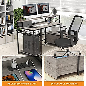 AYEASY Home Office Desk with Monitor Stand Shelf, 66 inch Large Computer Desk with Power Outlet and USB Charging Port, Computer Table with Drawers and Storage Shelves, Study Writing Desk, Wash Gray