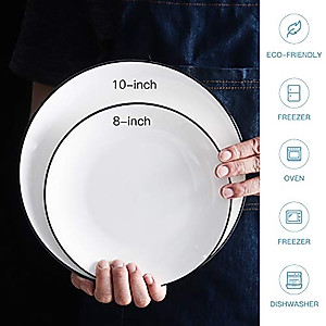 YOLIFE 10 inch Dinner Plate, Set of 4 White and Black Trim Porcelain Plates