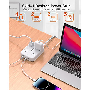 Surge Protector Power Strip with 2 USB C - 5 Ft Flat Extension Cord Flat Plug Power Strip, 4 Widely Outlets and 4 USB Charging Ports, Outlet Extender, 900 Joules, for Home Office Dorm Room Essentials