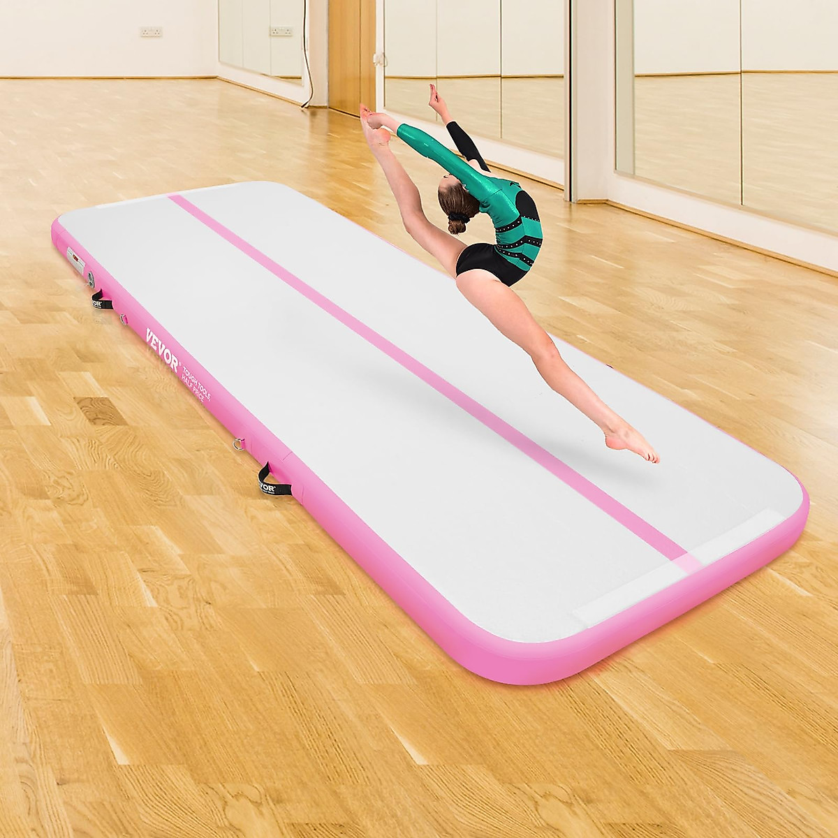 Happybuy 10ft Inflatable Air Gymnastic Mat, 4 inches Thickness Air Tumble Track with Electric Air Pump,Dubrable Material Air Mat for Home Use/Training/Cheerleading/Yoga/Water, Pink
