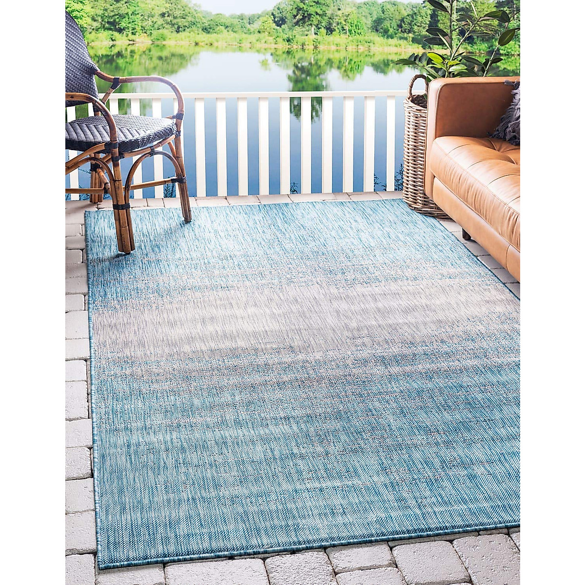 Unique Loom Outdoor Modern Collection Area Rug - Ombre (7' 1" x 10' Rectangle, Aqua/ Ivory)