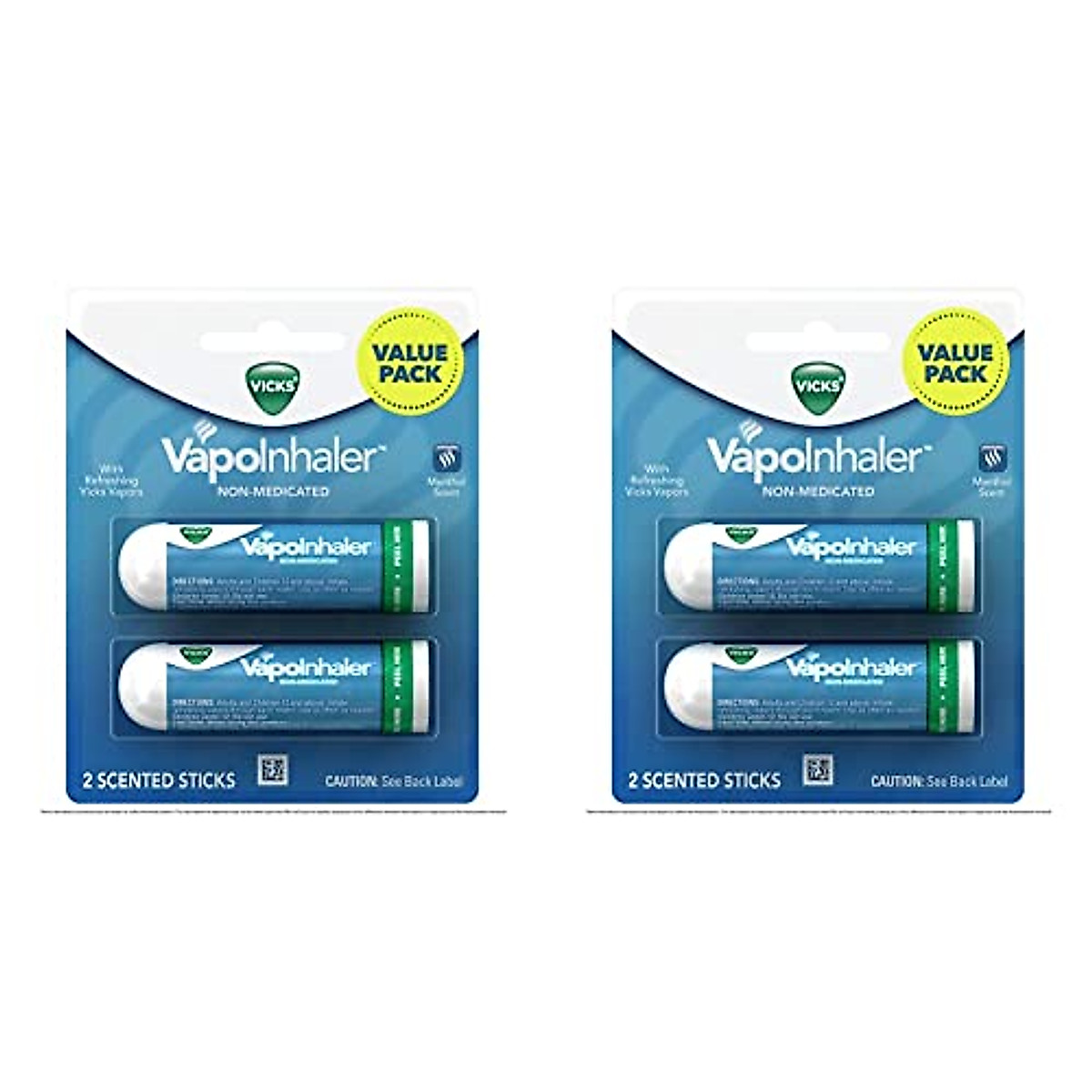 Vicks VapoInhaler, On-The-Go Portable Nasal Inhaler, Non-Medicated, with Refreshing Vapors, Menthol Scent, 2 Scented Sticks (Pack of 2)