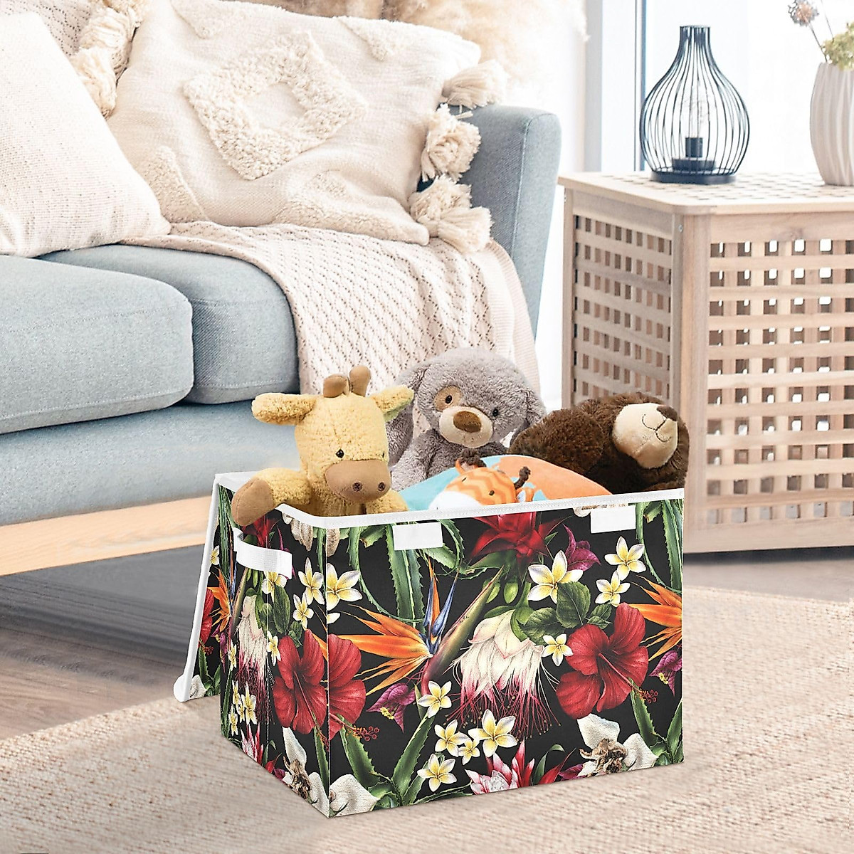 Krafig Tropical Flowers Foldable Storage Box Large Cube Organizer Bins Containers Baskets with Lids Handles for Closet Organization, Shelves, Clothes, Toys