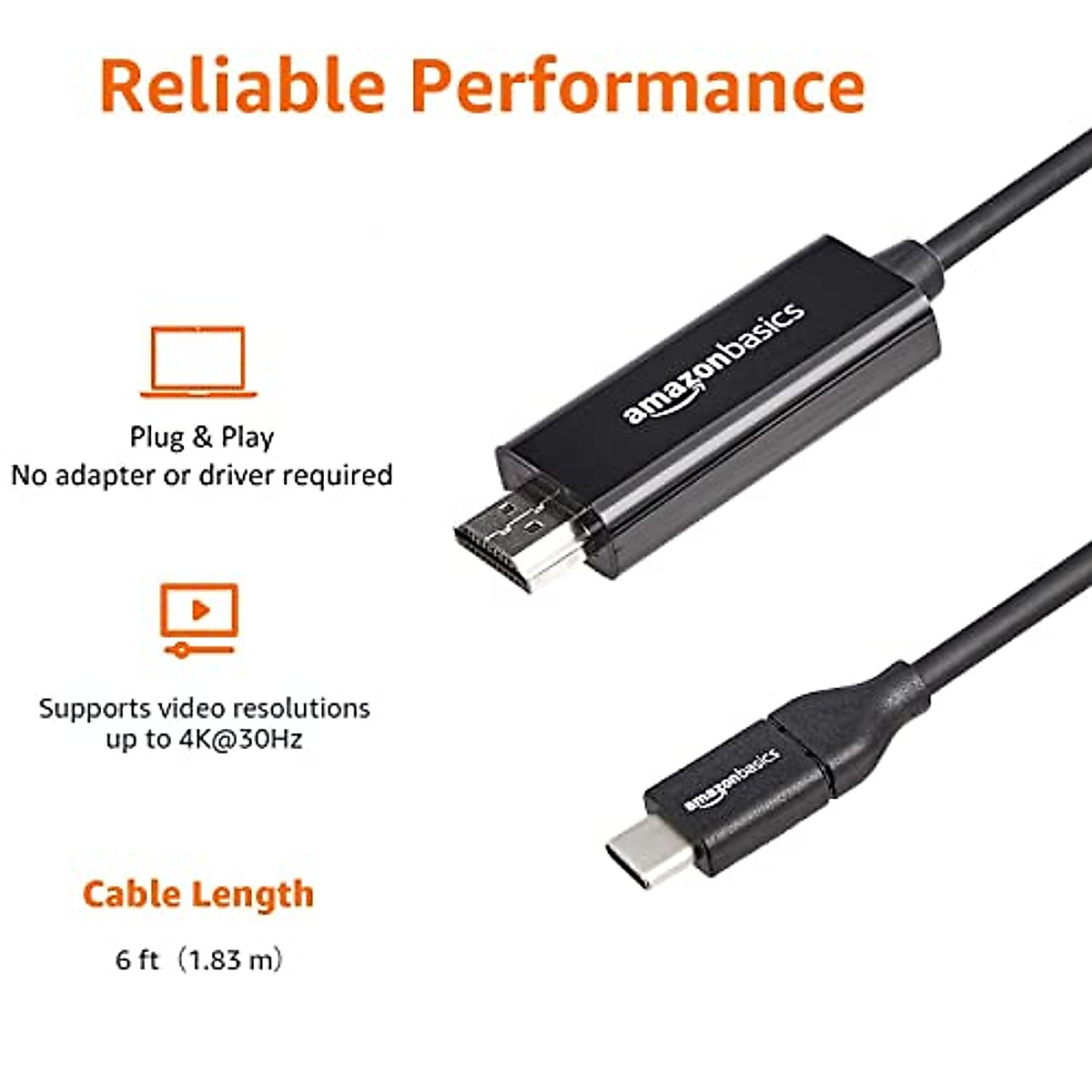 Amazon Basics USB-C to HDMI Cable Adapter (Thunderbolt 3 Compatible) 4K@30Hz - 6-Foot