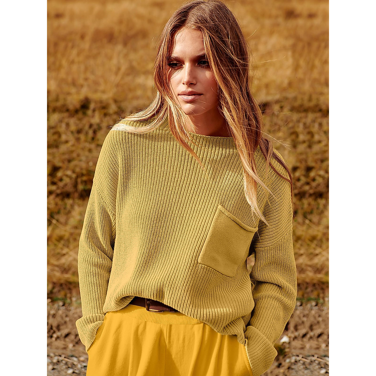 ANRABESS Women's Two Piece Outfits Long Sleeve Knit Top Fall Sweater Set Oversized Pants Tracksuit Lounge Sets Yellow Medium