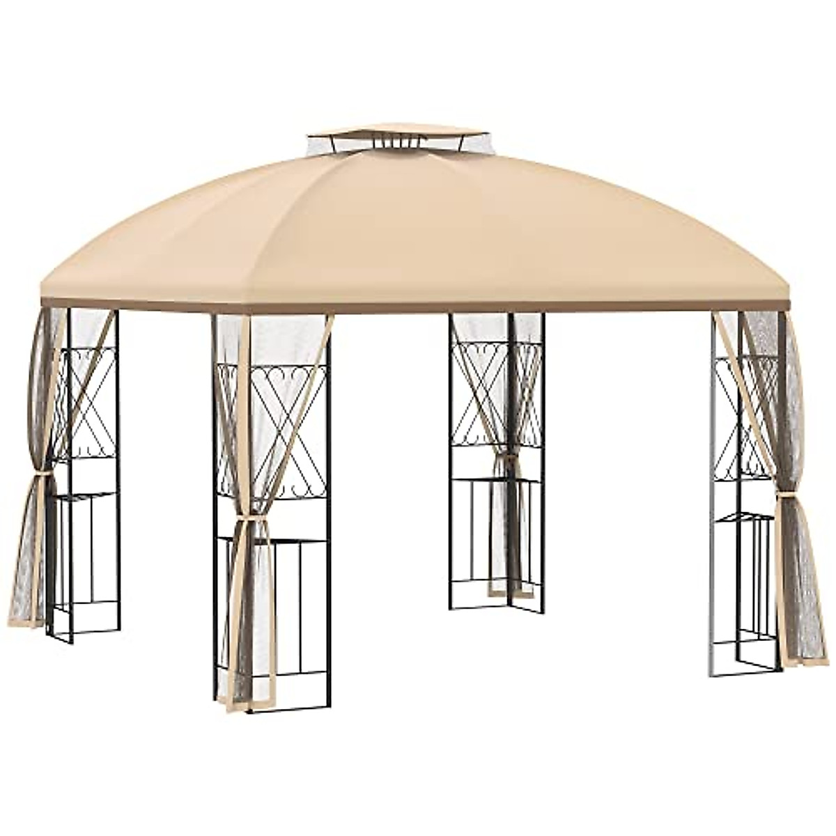 Outsunny 10' x 10' Patio Gazebo with Corner Shelves, Double Roof Outdoor Gazebo Canopy Shelter with Removable Mesh Netting, for Garden, Lawn, Backyard and Deck, Beige