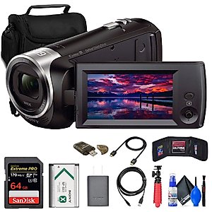 Sony HDR-CX405 HD Handycam (HDRCX405/B) + 64GB Memory Card + Bag + Card Reader + Flex Tripod + Memory Wallet + Cleaning Kit (Renewed), Black