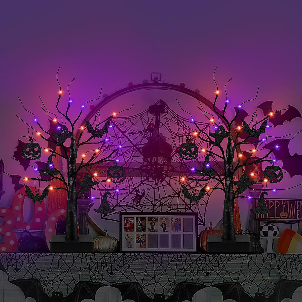 2 Pack 24 Inch Black Halloween Tree with 24 LED Orange Purple Lights, Timer/USB/Battery Operated Light Up Halloween Table Decorations, Spooky Halloween Decorations Indoor Home Mantle Room Party Decor